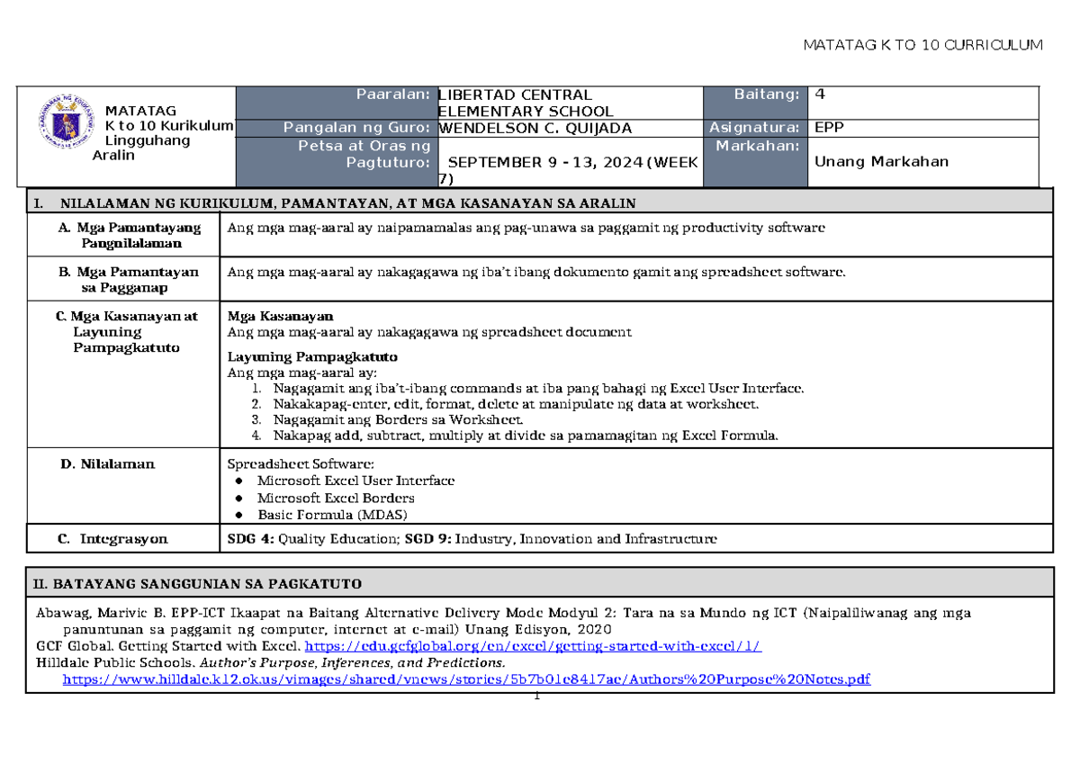 DLL Matatag EPP 4 Q1 W7 - lesson guide on teaching EPP - MATATAG K to ...