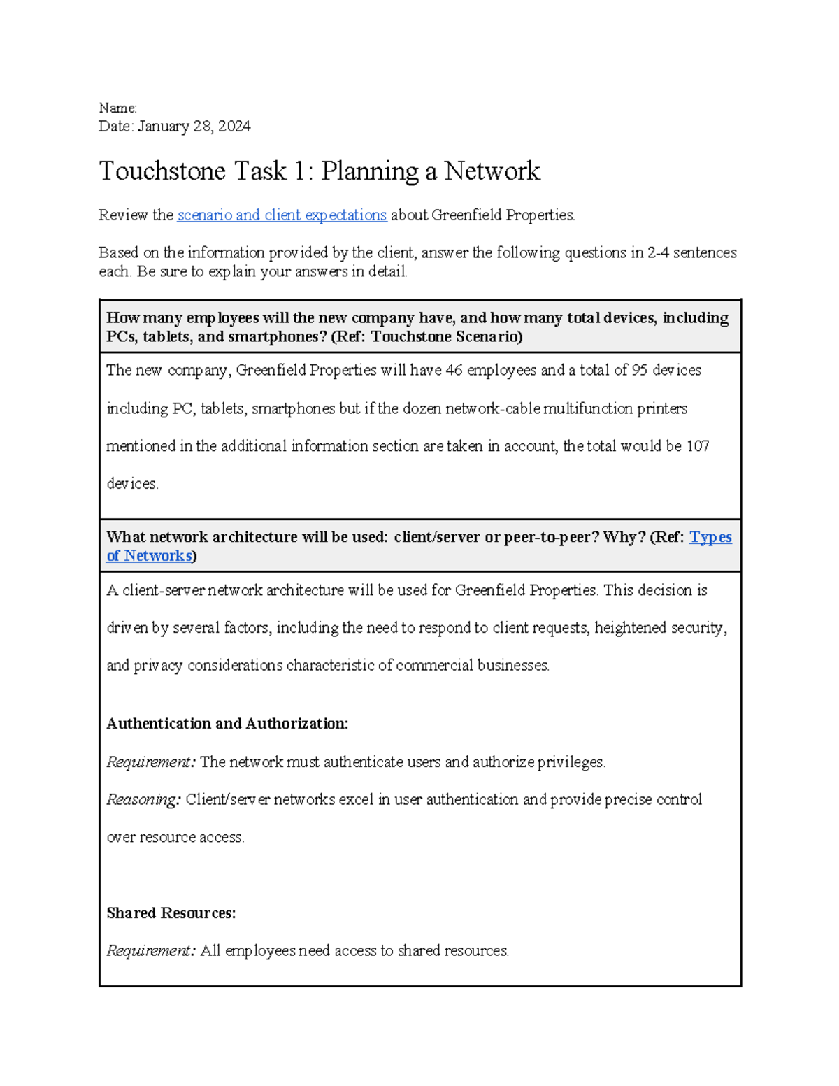 Touchstone 1 Planning Network Infrastructure - Name: Date: January 28, 2024 Touchstone Task 1 ...
