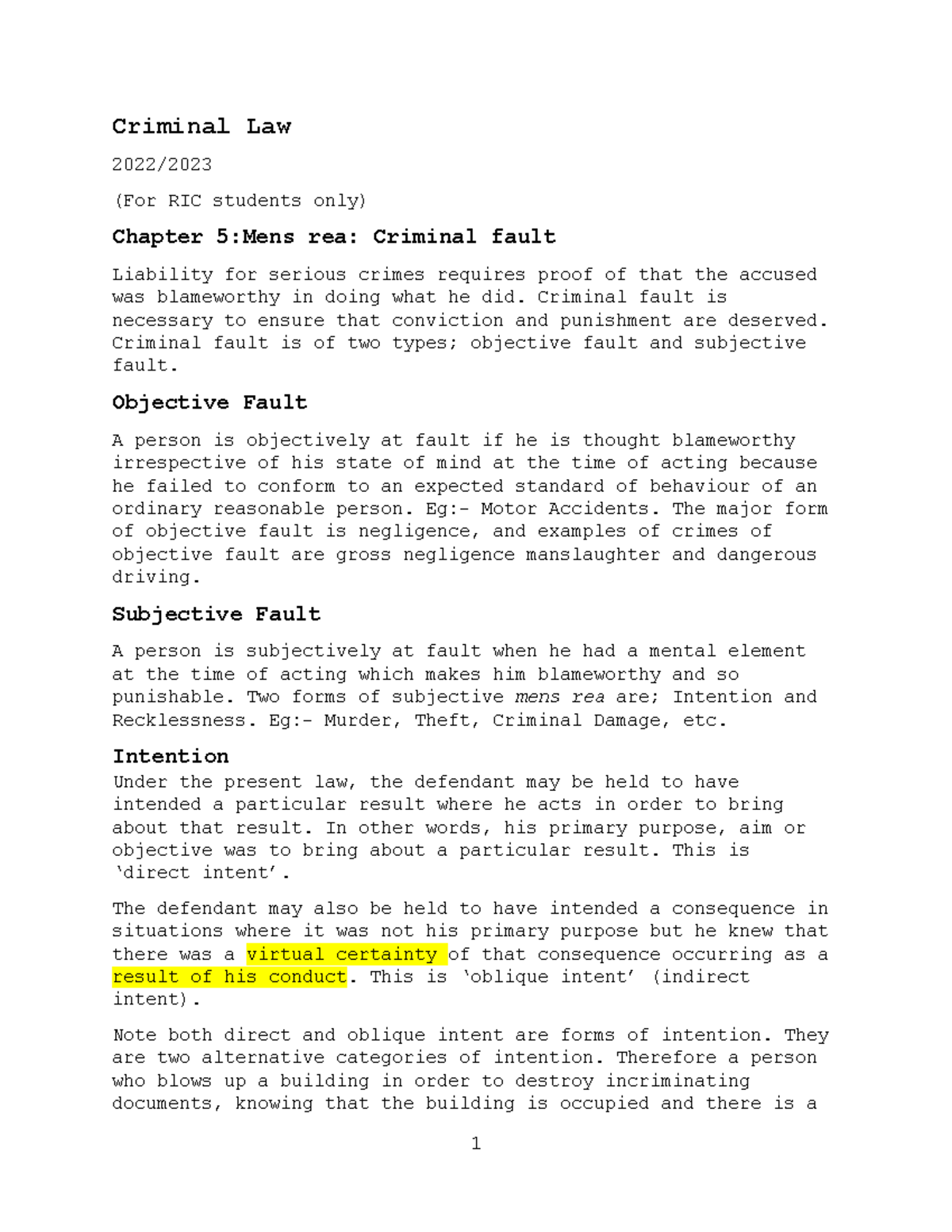 Criminal Law Chap 5 22 23 - Criminal Law 2022/ (For RIC students only ...