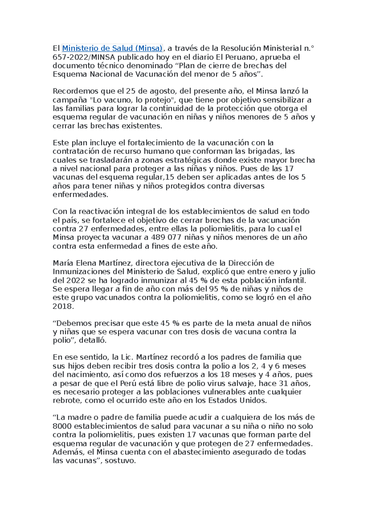 El plan anual 2023 esni - lectura - El Ministerio de Salud (Minsa), a ...