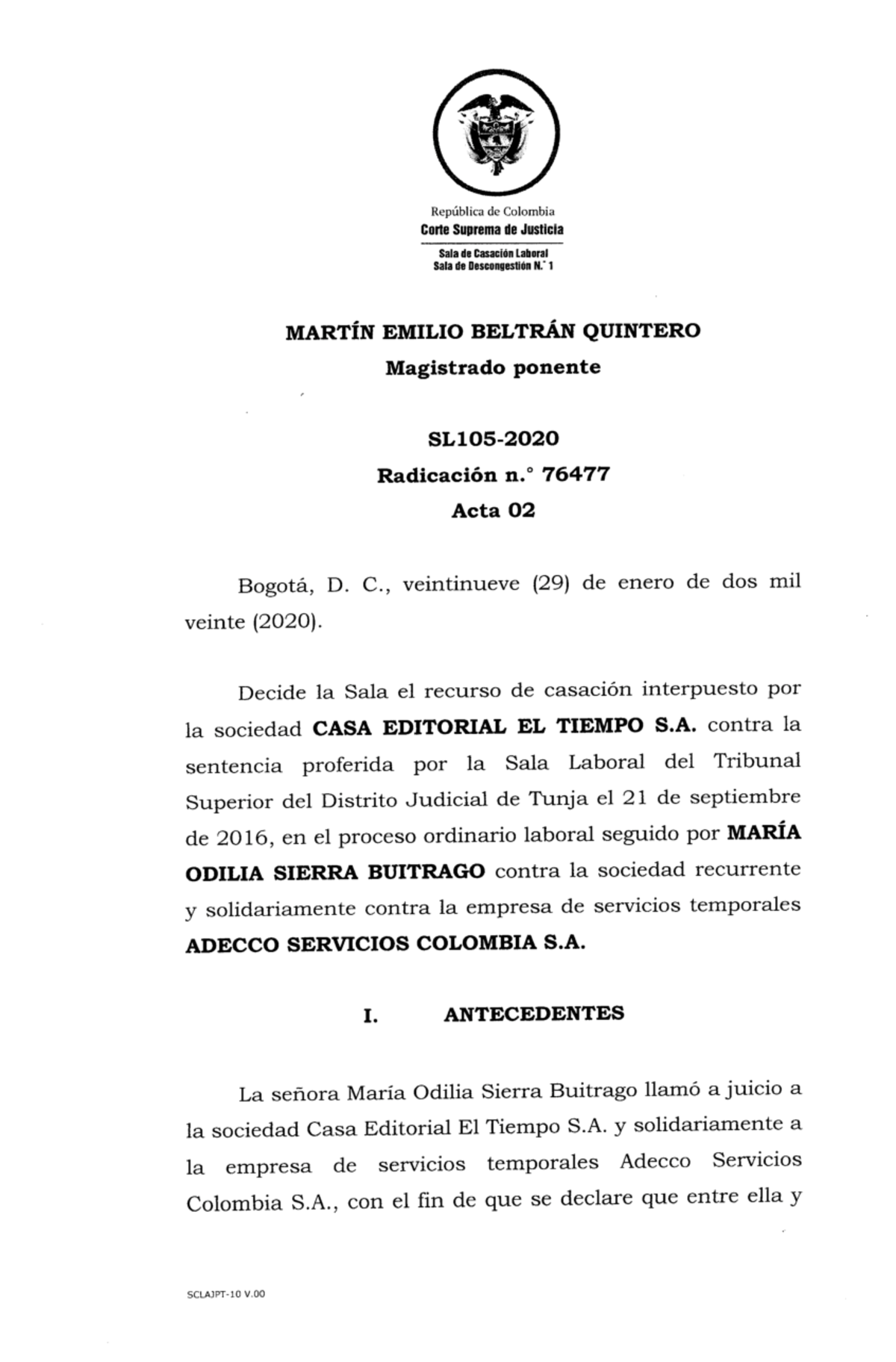 SL105-2020 - Sentencias laborales - Derecho Laboral - Studocu