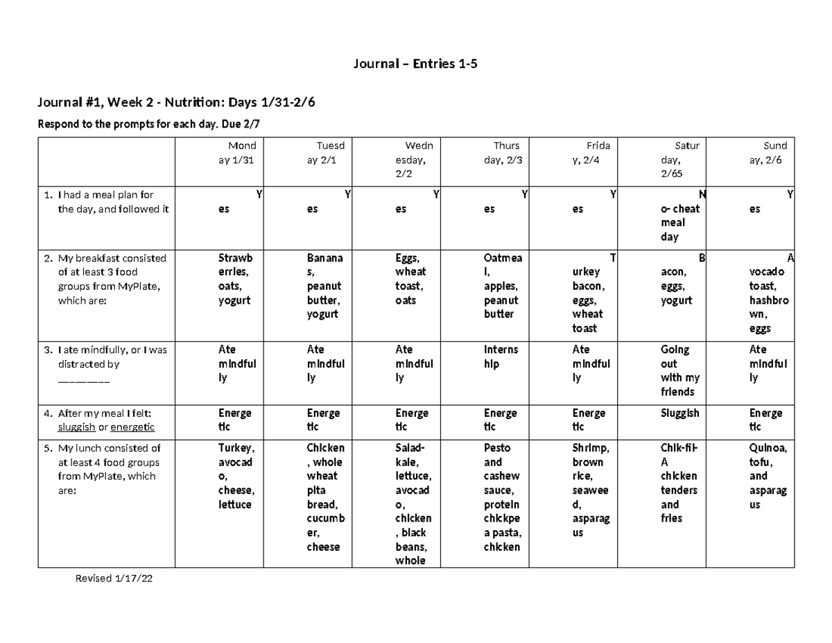 #5 Behavioral Journal Entries 1-5, Sp 2022 - Journal – Entries 1 ...