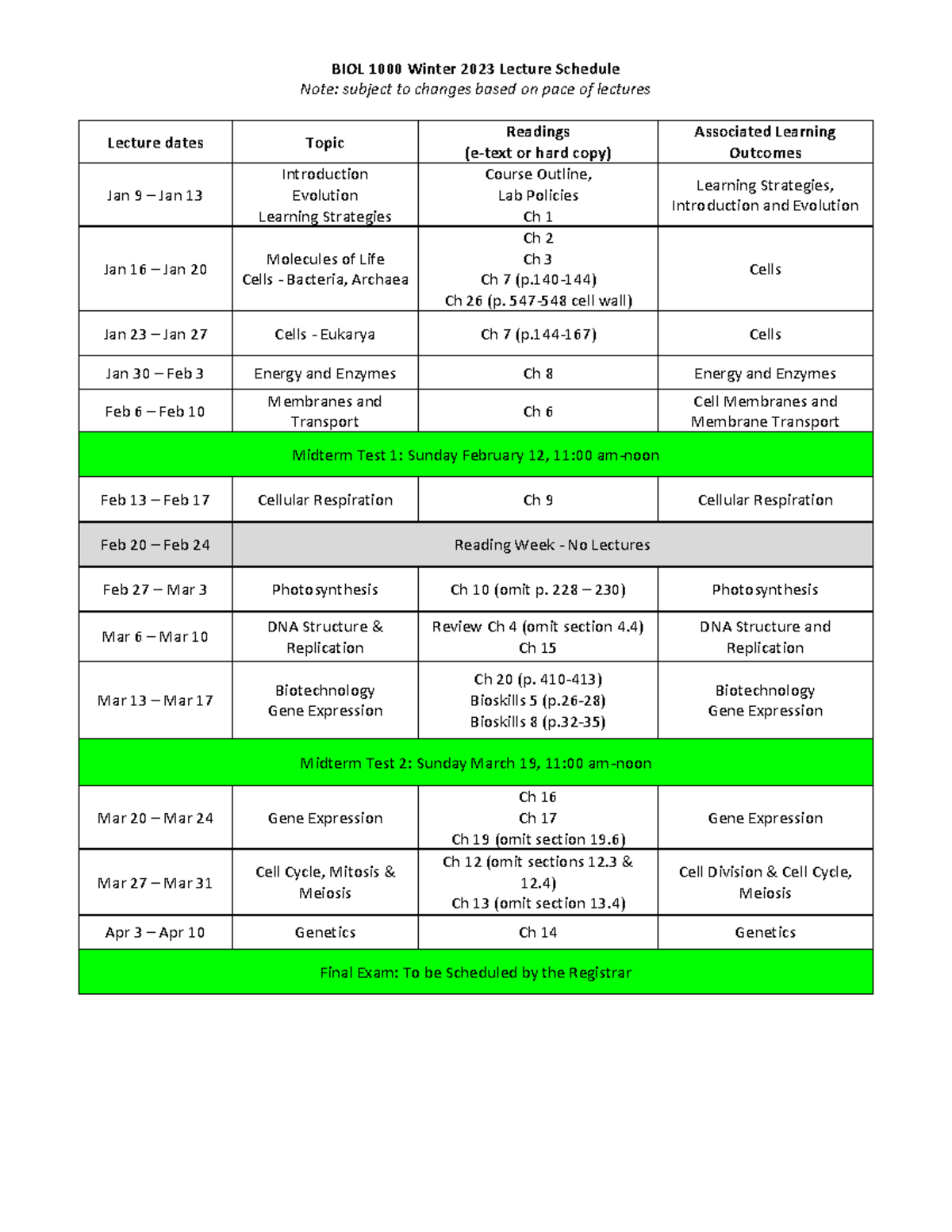 BIOL 1000 Winter 2023 Lecture Schedule - BIOL 1000 Winter 2023 Lecture Schedule Note: subject to ...