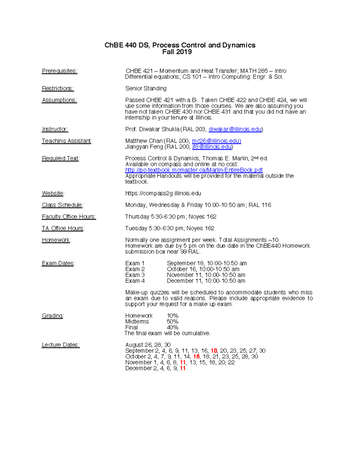 Ch BE440DS Fall2019 Course Outline - ChBE 440 DS, Process Control and Dynamics Fall 2019 - Studocu