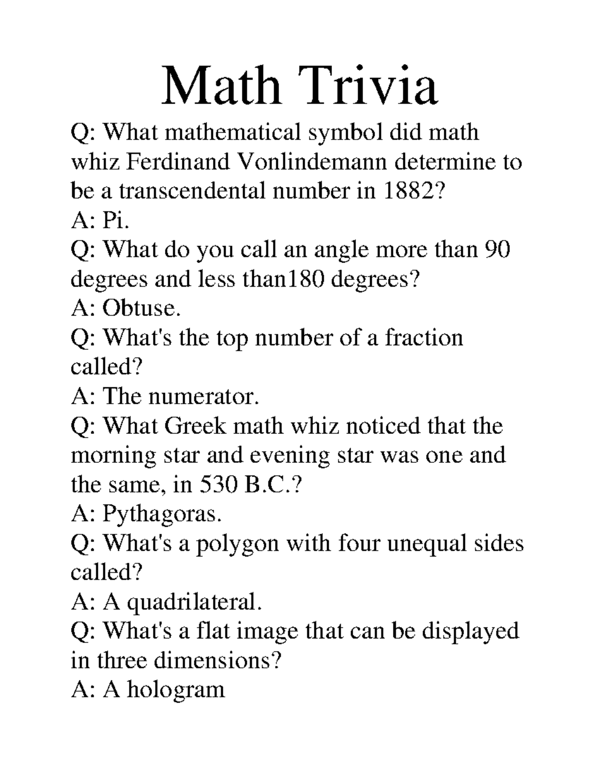 123312784-Math-Trivia - Math Trivia Q: What mathematical symbol did ...