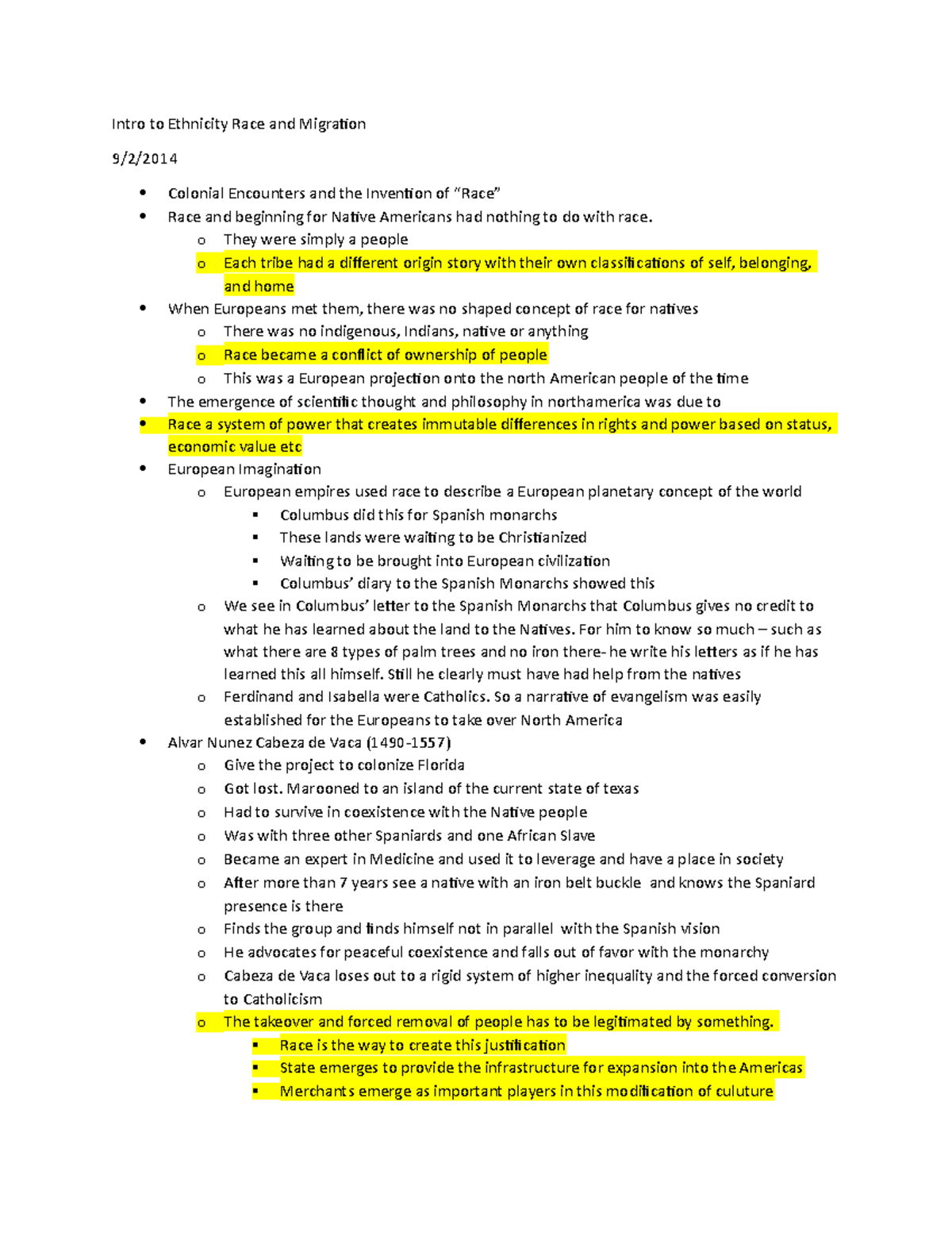 Lecture notes, lectures 1-20 - Intro to Ethnicity Race and Migration ...