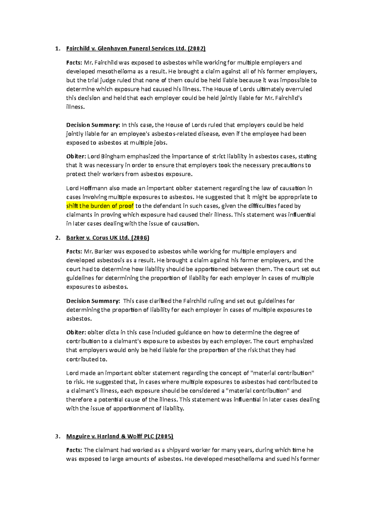 Asbestos case history - Fairchild v. Glenhaven Funeral Services Ltd ...