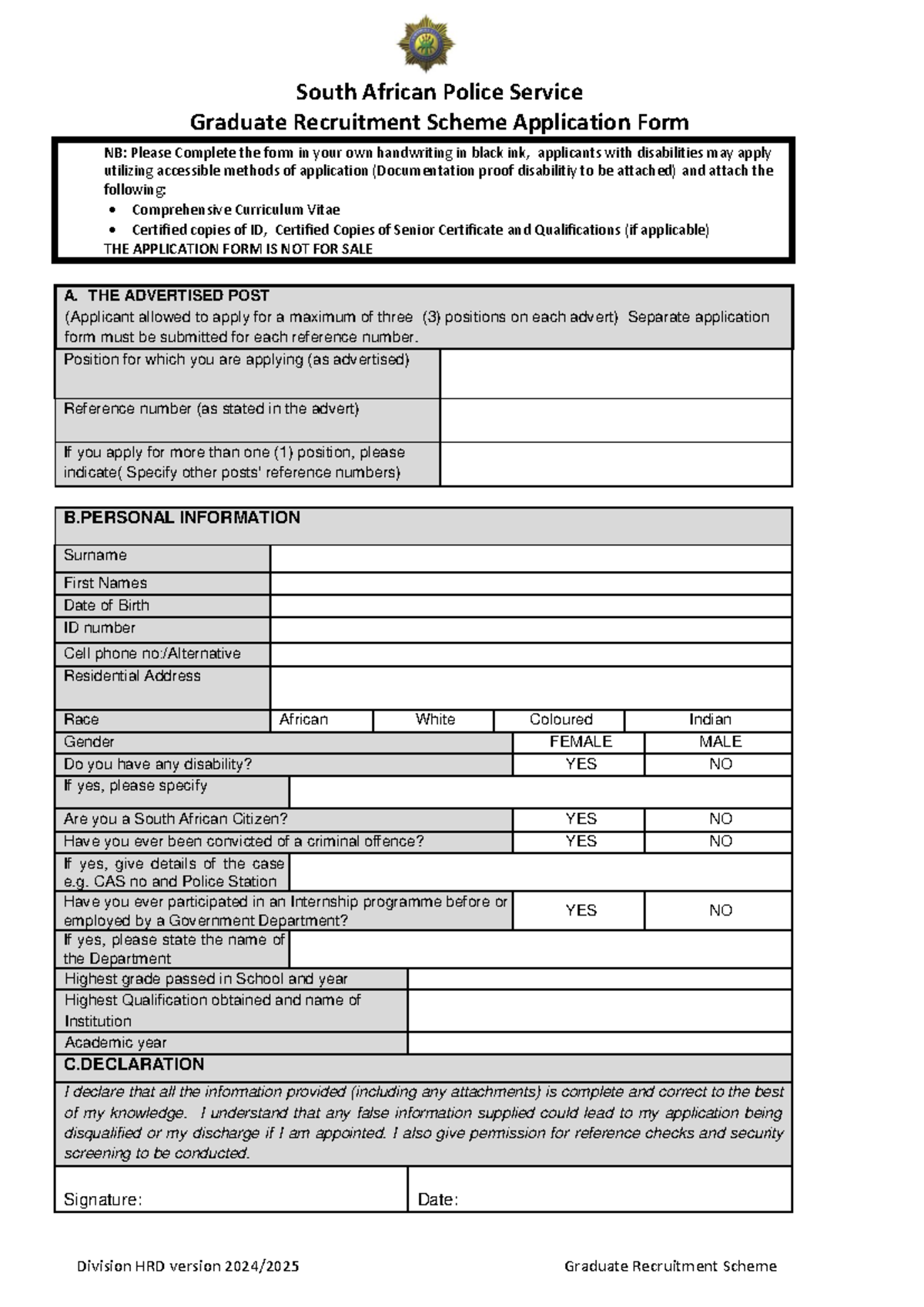 Graduate Recruitment Scheme Application form 202425 - South African ...