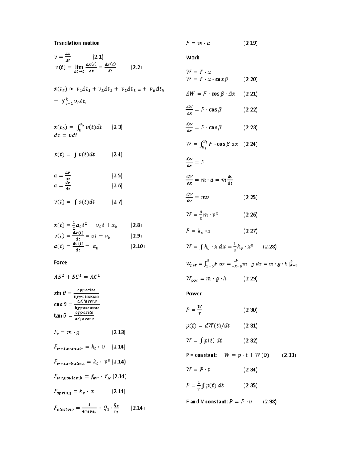 Formules mechanica - Translation motion (2) ( ) lim Work ( ) (2) ) (2 ...