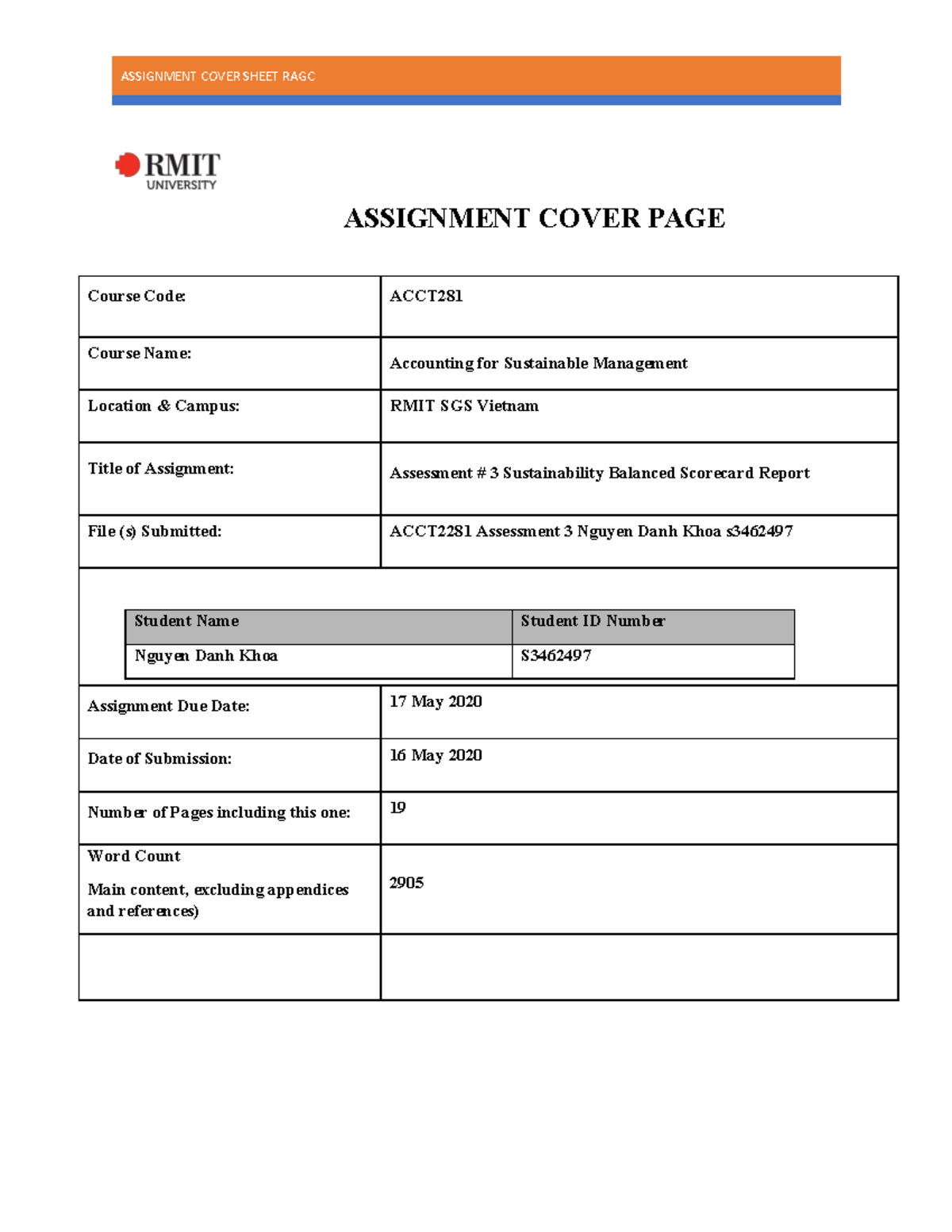 ACCT2281 Assessment 3 Nguyen Danh Khoa s3462497 - ASSIGNMENT COVER ...