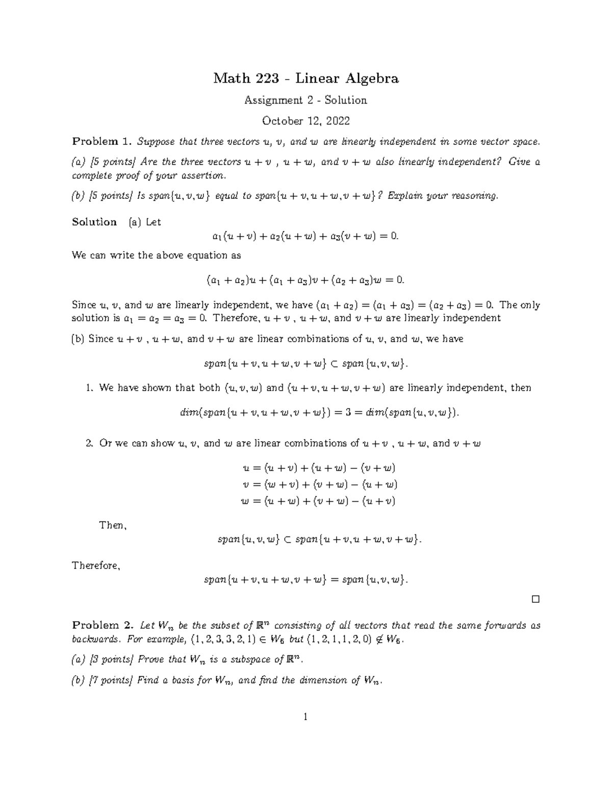 MATH 223 Assignment 2 Solutions - Math 223 - Linear Algebra Assignment ...