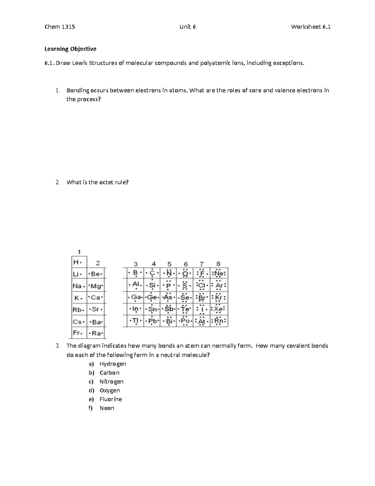 Worksheet 6 - Learning Objective 6. Draw Lewis Structures of molecular ...