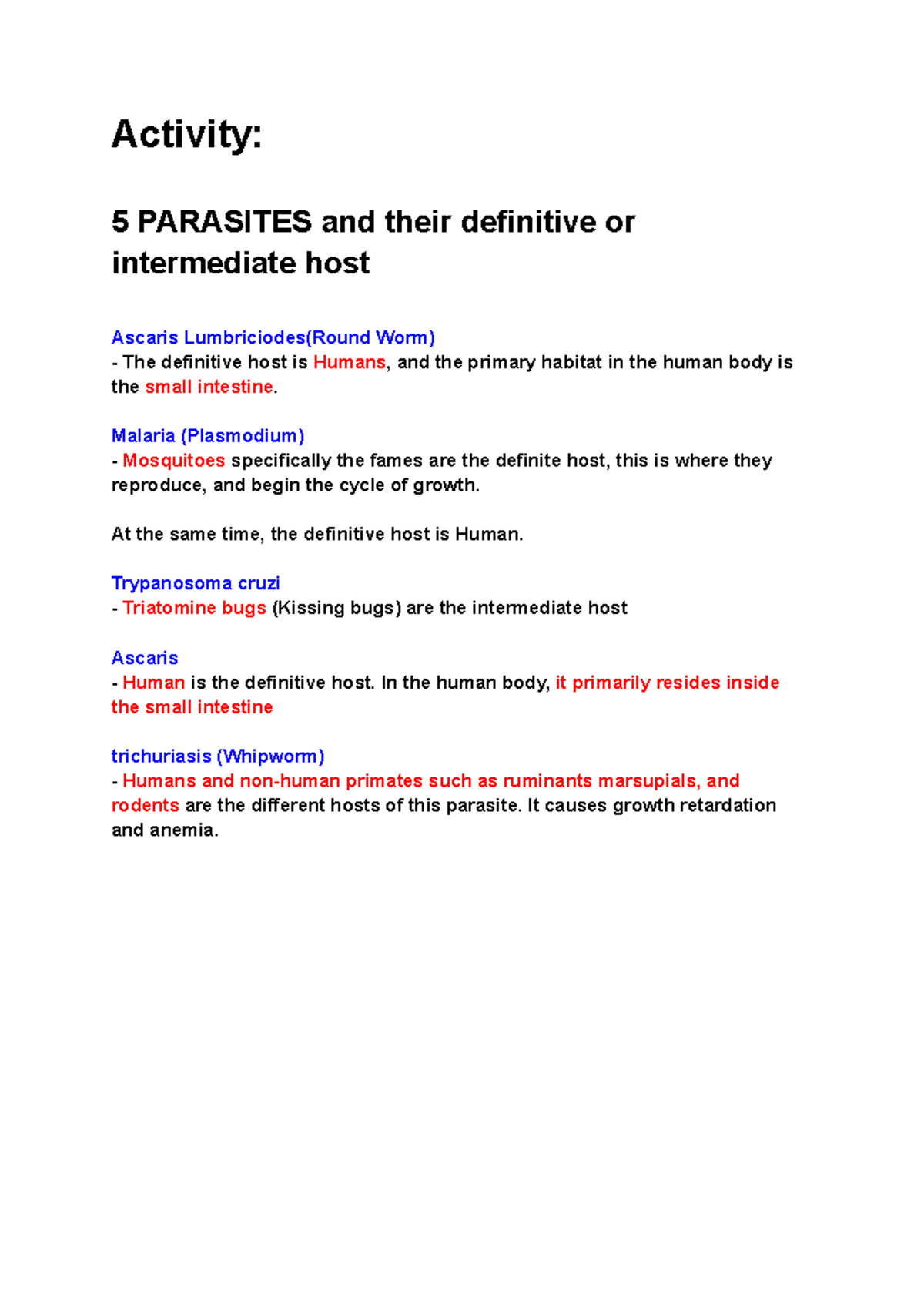 MICP- Activity - Activity: 5 PARASITES and their definitive or ...