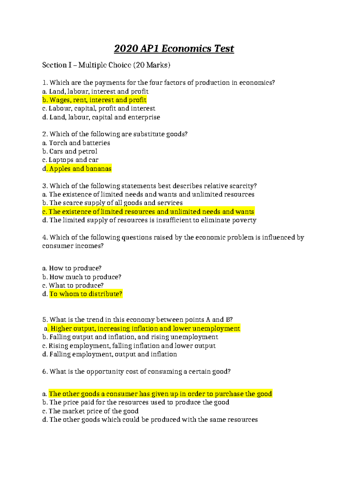 2020 AP1 Economics Test - 2020 AP1 Economics Test Section I – Multiple ...