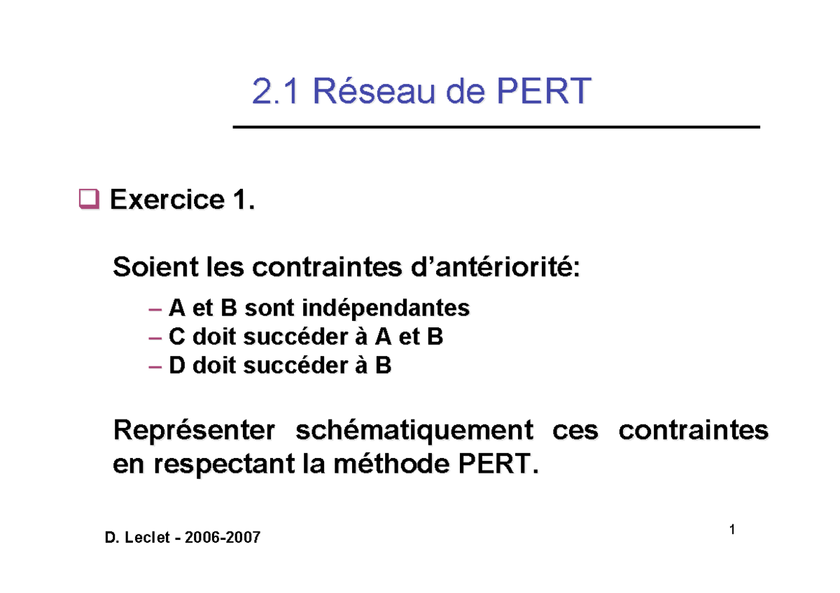 Exerxices PERT - Exercices pert - 1 2 R 2 R é é seau de PERT seau de PERT Exercice 1. Exercice ...