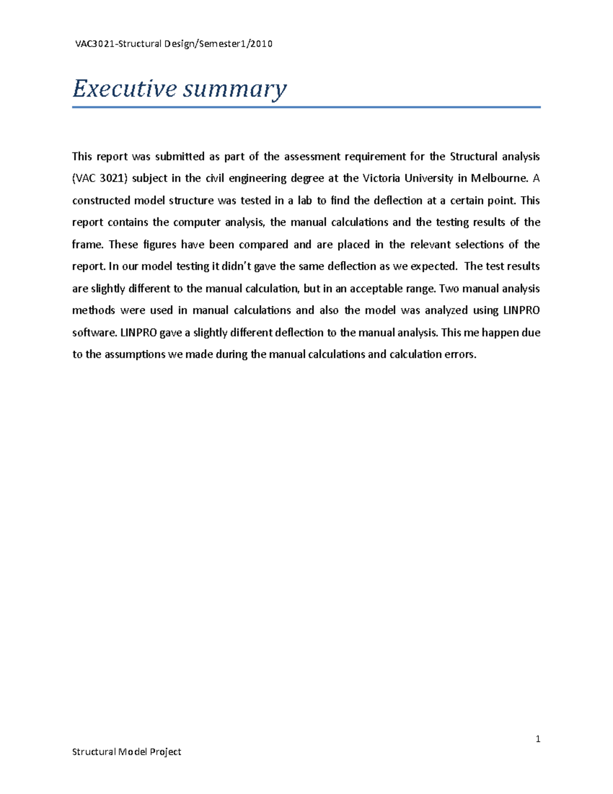 Model testing Report - Executive summary This report was submitted as ...