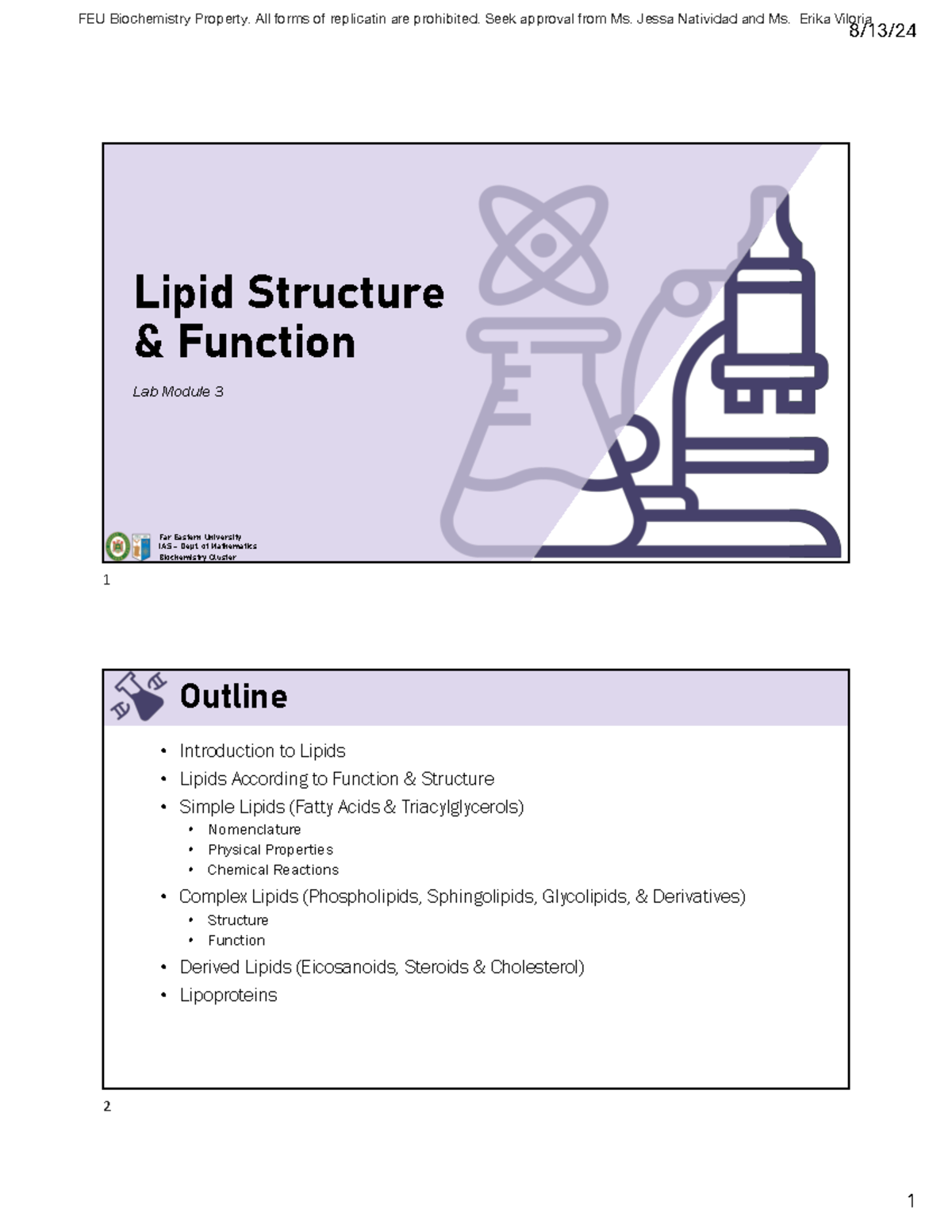 04 Lipid Structure & Function - 8/13/ Far Eastern University IAS – Dept. of Mathematics ...