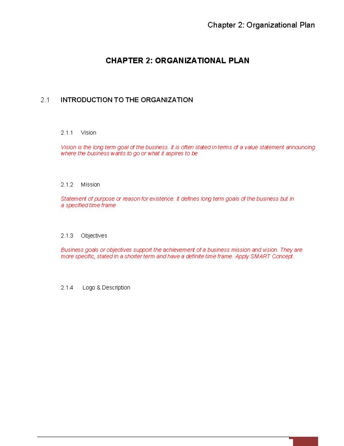 ENT Template Origizational Plan - Chapter 2: Organizational Plan ...