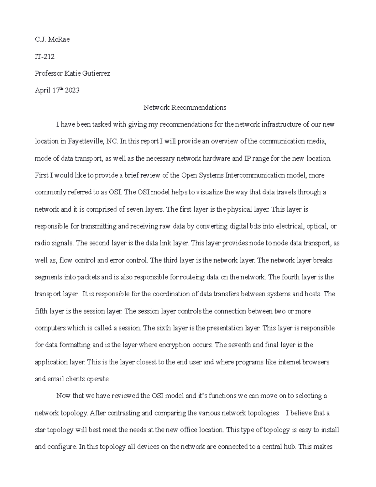 Final Network Recommendation - C. McRae IT- Professor Katie Gutierrez ...