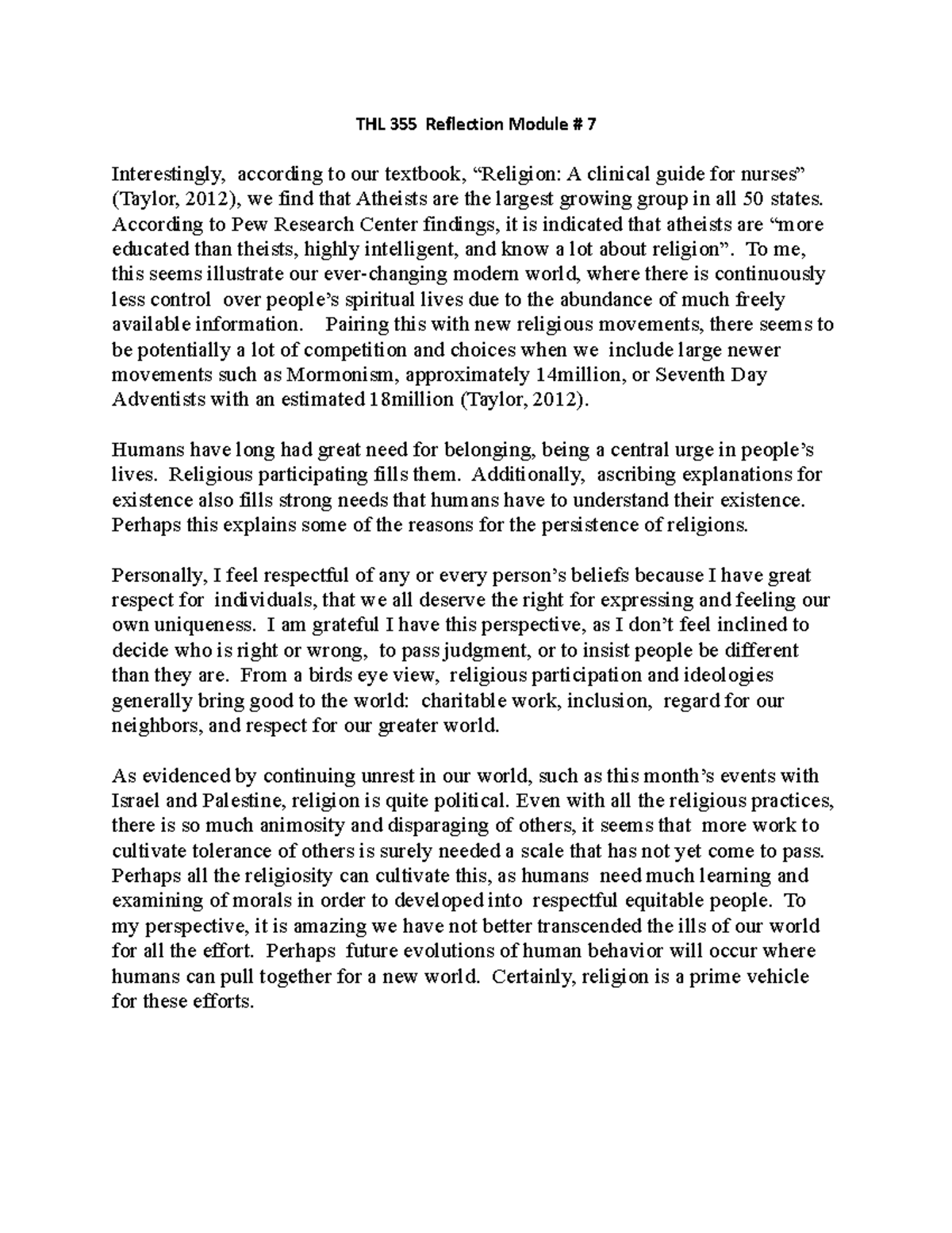 THL 355 Reflection Module 7 - THL 355 Reflection Module # 7 ...