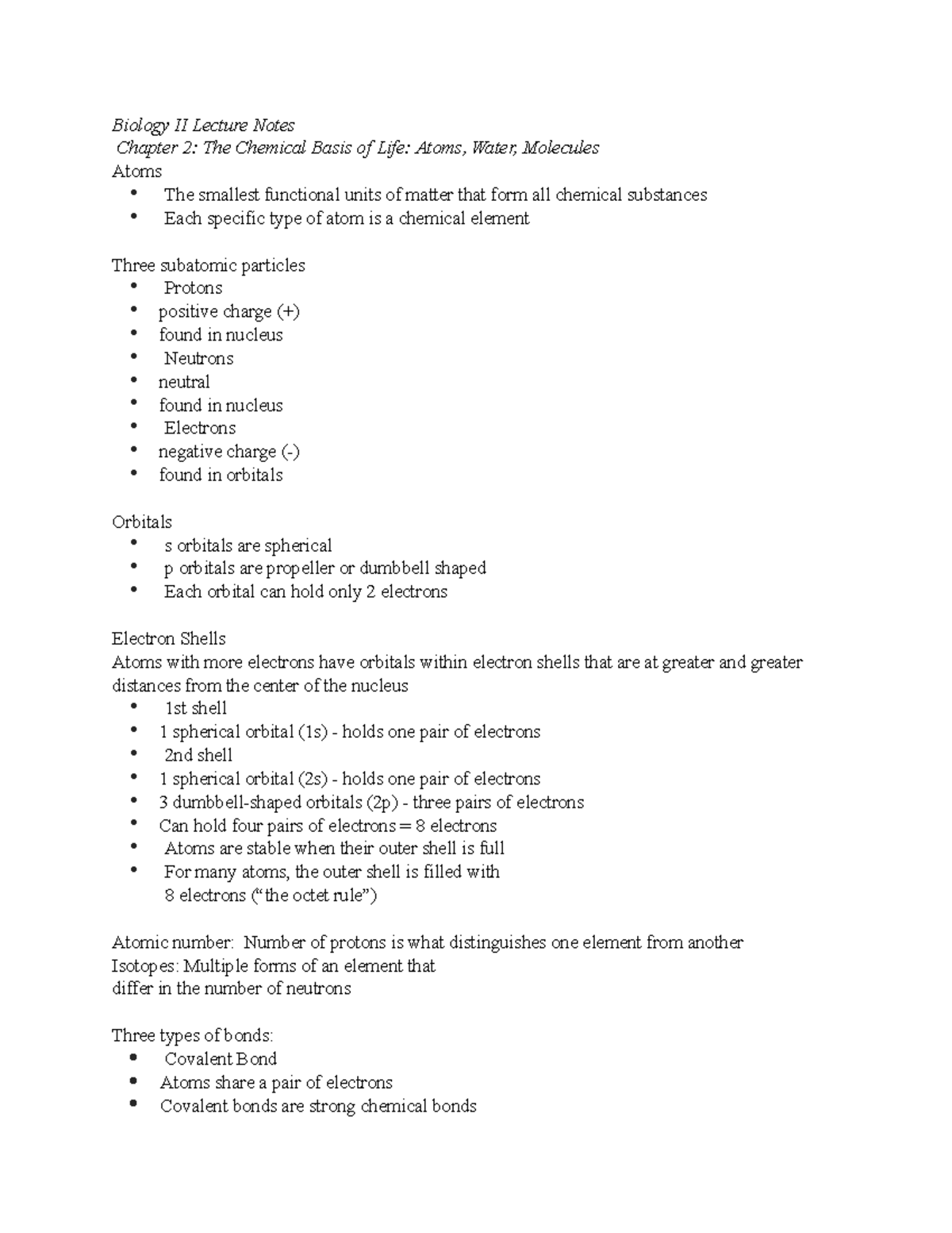 Chapter 2 Biology Notes - Biology II Lecture Notes Chapter 2: The ...
