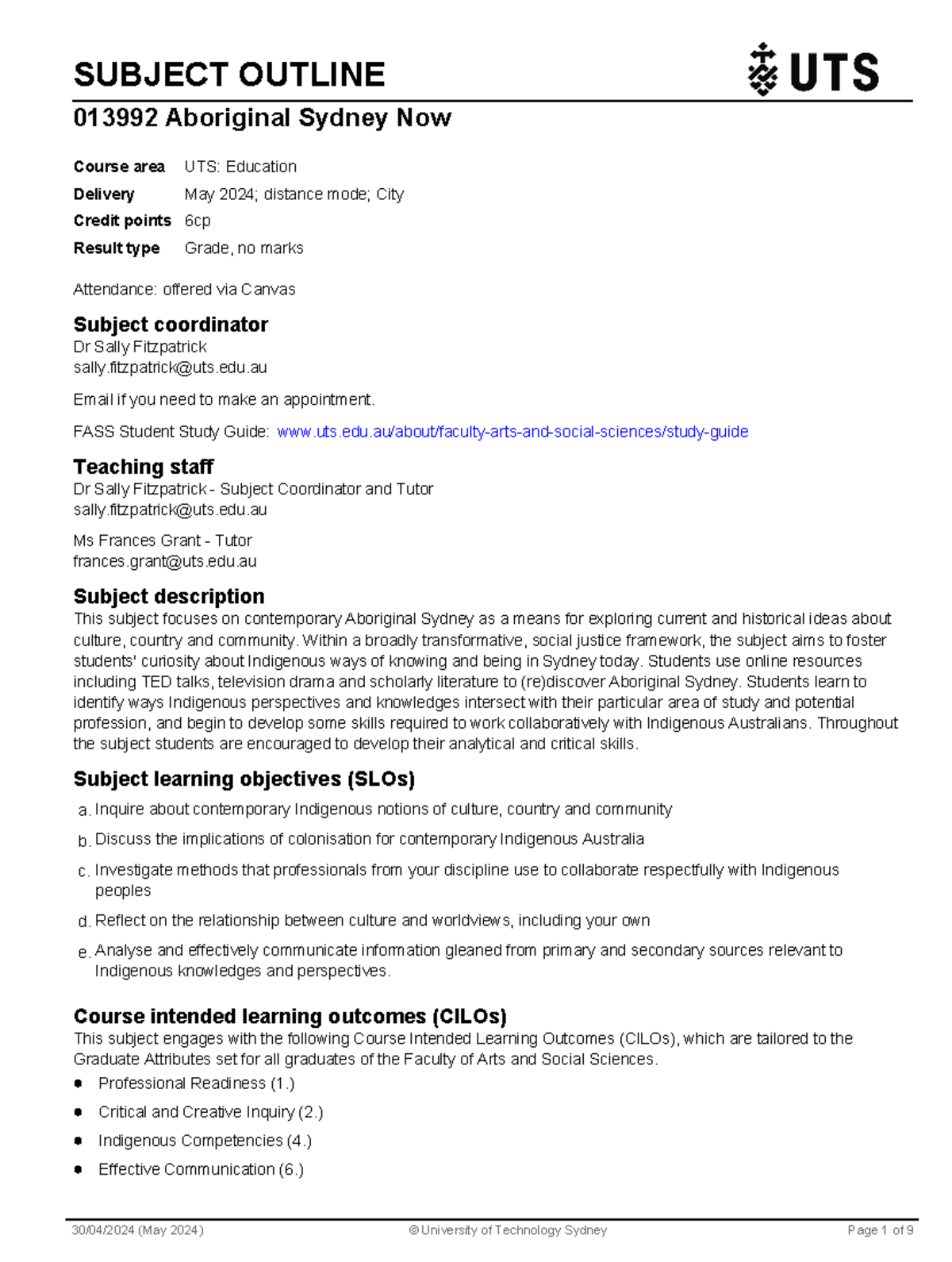 Subject outline - Summary Aboriginal Sydney Now - SUBJECT OUTLINE ...