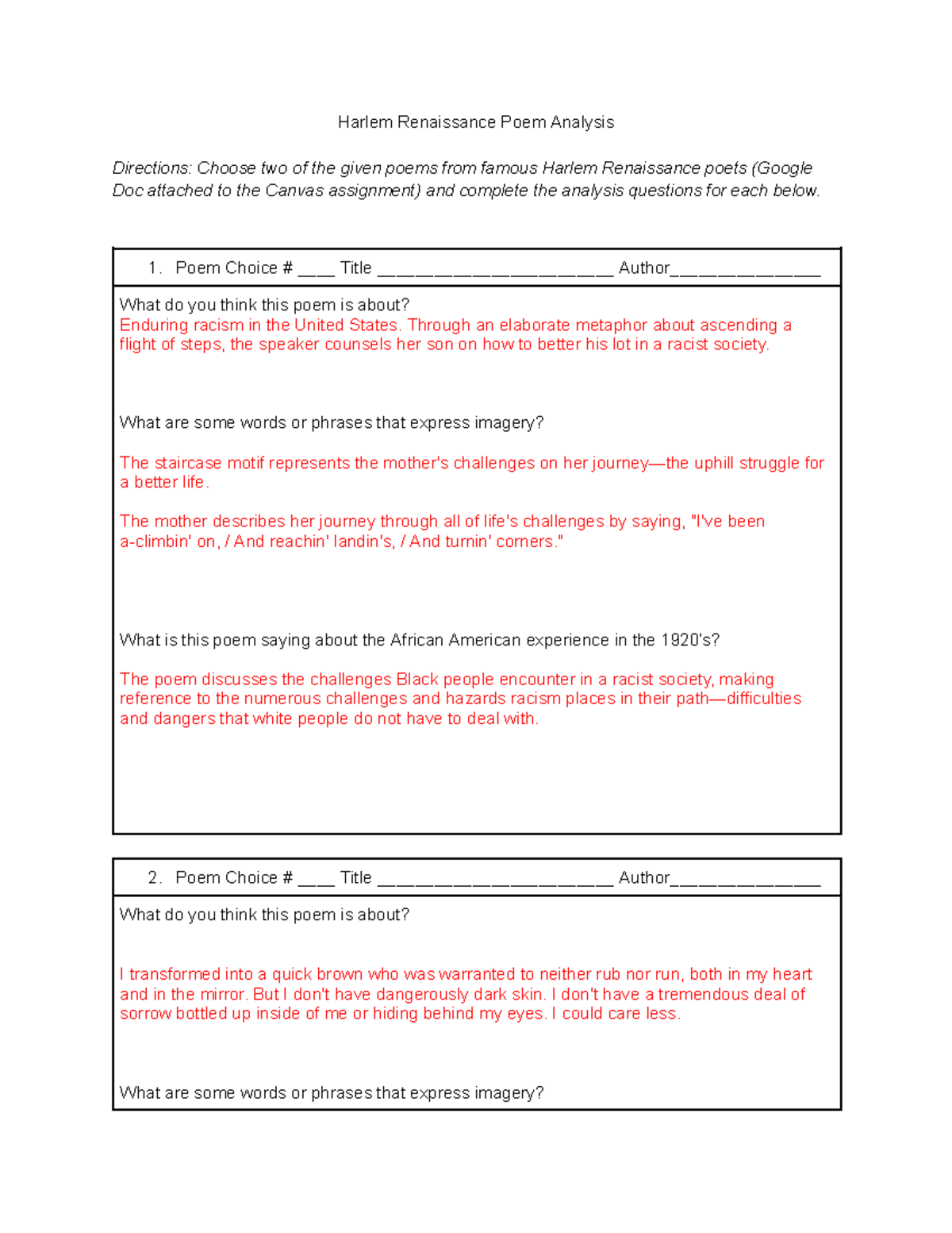 Copy of Harlem Rensaissance Poem Analysis - Harlem Renaissance Poem ...