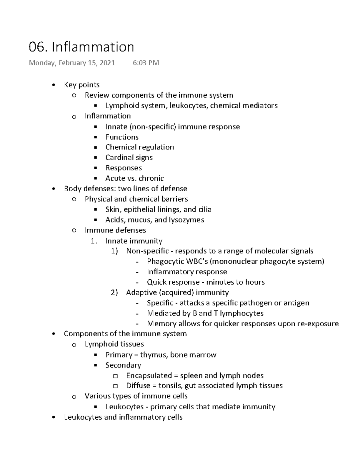 06. Inflammation notes - Key points Review components of the immune ...