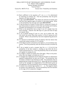 Tutorial 1 - BIRLA INSTITUTE OF TECHNOLOGY AND SCIENCE, PILANI K. K ...