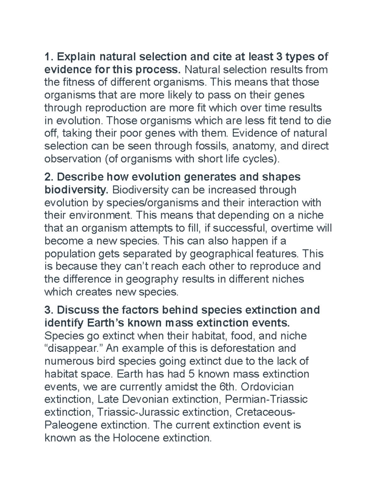 ENV SCI Testing Your Comprhension - Explain natural selection and cite ...