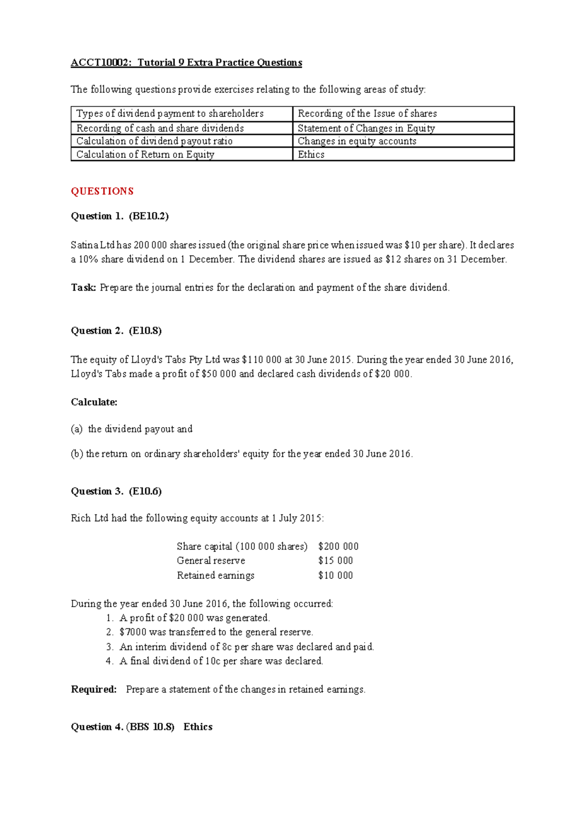 ACCT10002 Tutorial 9 Extra Practice Questions and Solutions - ACCT10002: Tutorial 9 Extra ...