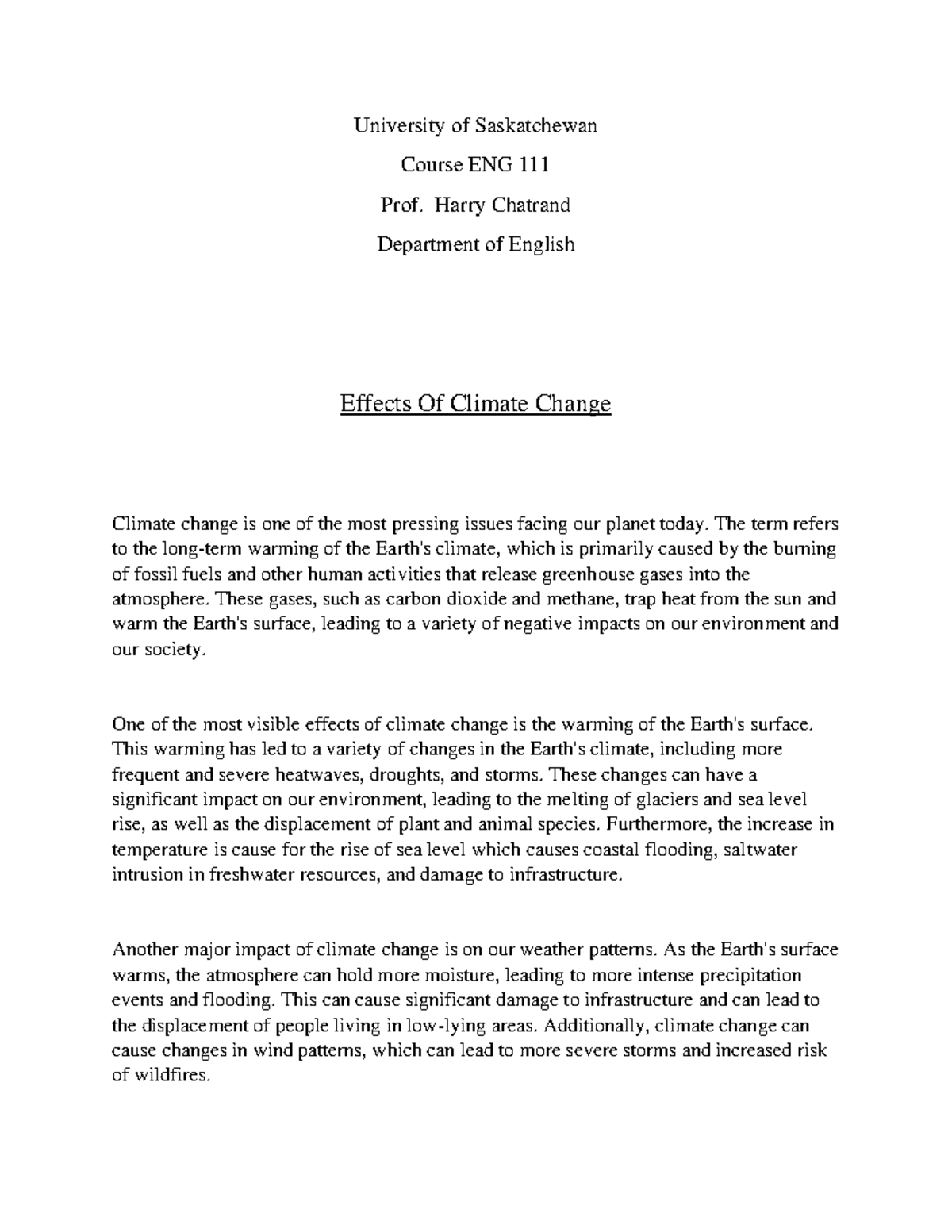 Essay 1 ENG 111 - University of Saskatchewan Course ENG 111 Prof. Harry ...