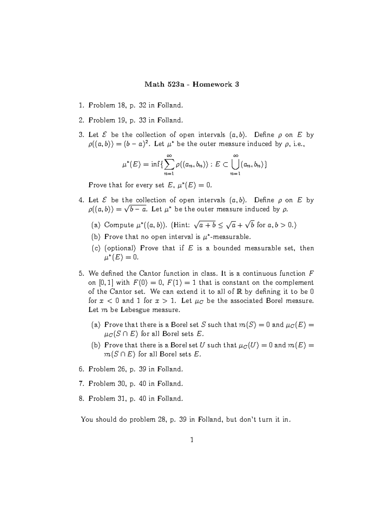 Hmwk3 q + a - Homework assignment 3 - Math 523a Homework 3 1. Problem ...
