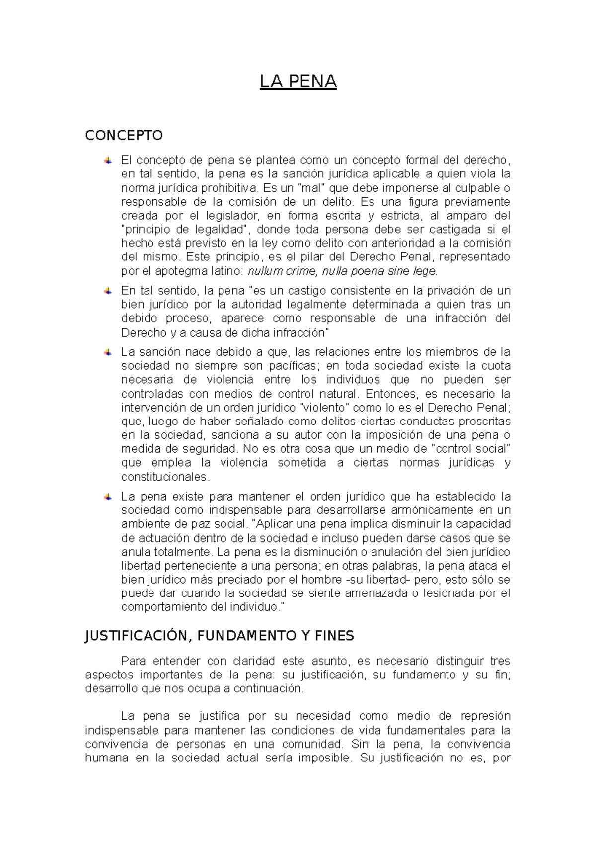 LA-PENA - Apuntes 10 - LA PENA CONCEPTO El concepto de pena se plantea ...