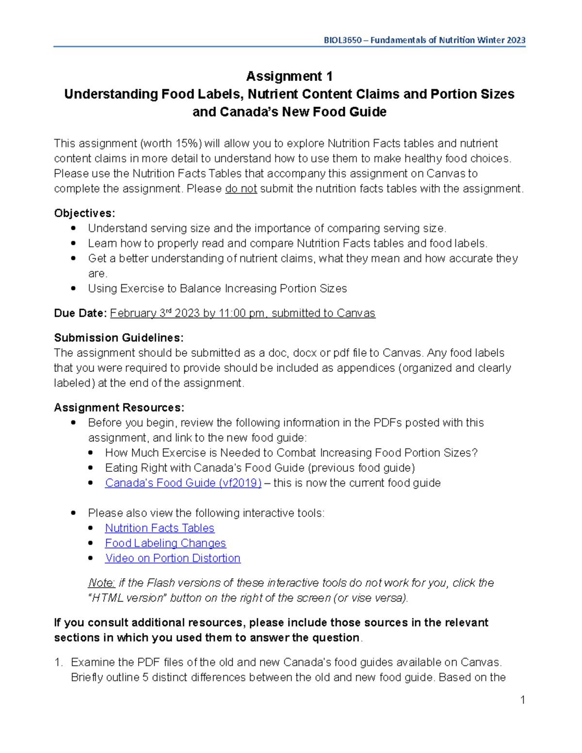 BIOL3650 Assignment 1 W2023 - Assignment 1 Understanding Food Labels ...