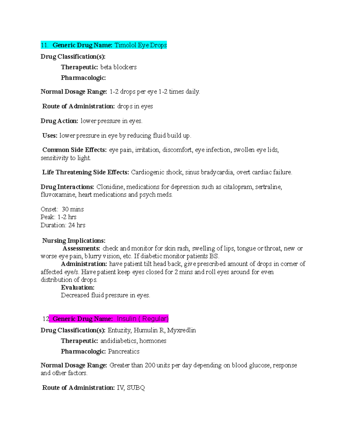 Med cards #3 - Generic Drug Name: Timolol Eye Drops Drug Classification ...