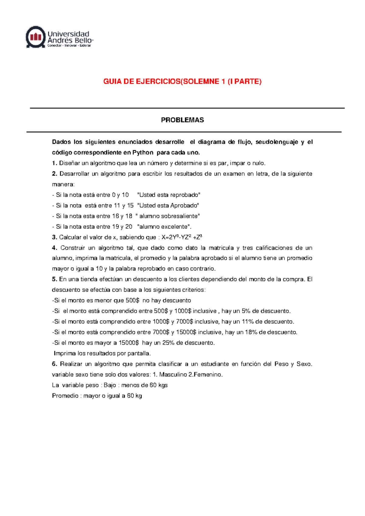semana 1 uso de python y diagrama de flujo - GUIA DE EJERCICIOS(SOLEMNE ...