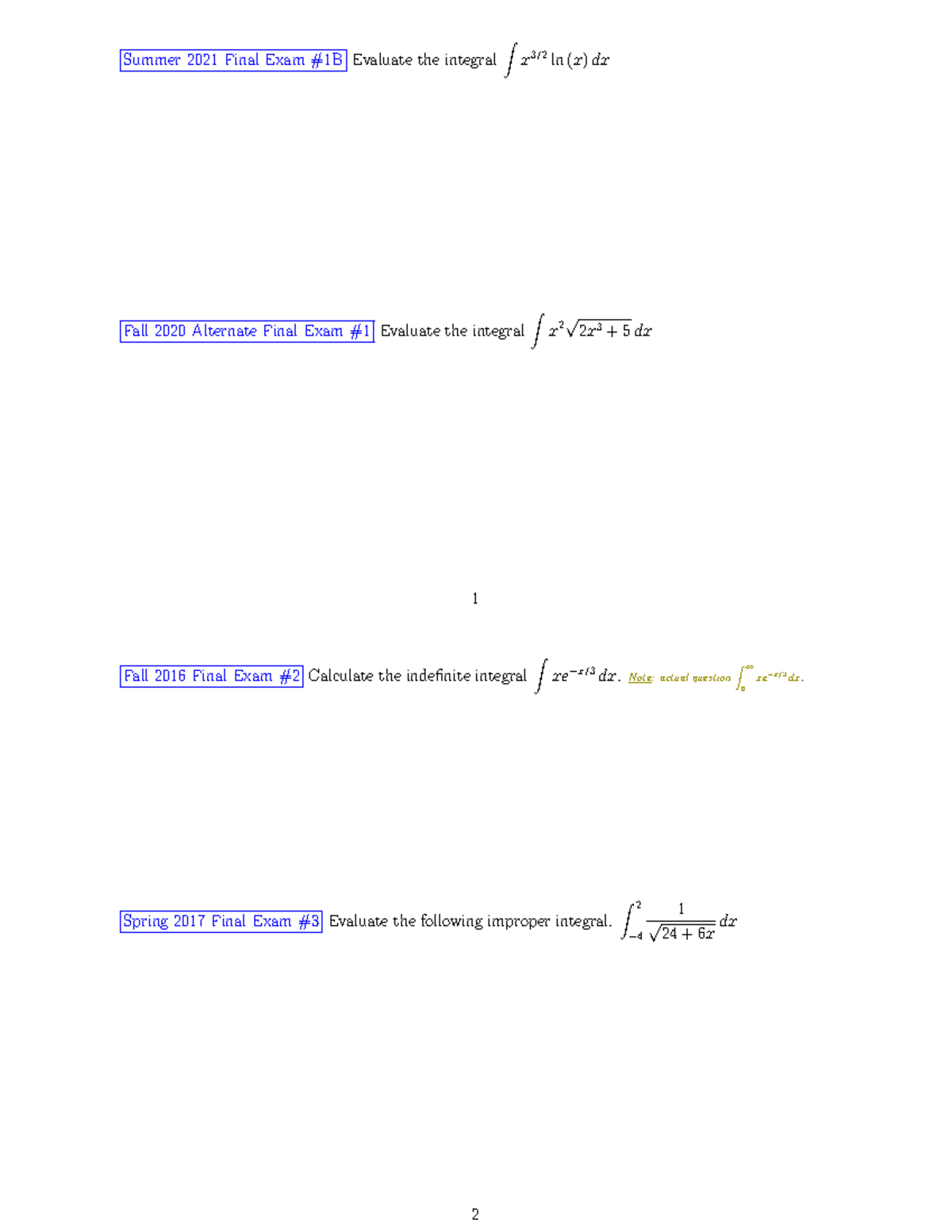 1342Final Review Integration - Summer 2021 Final Exam #1B Evaluate the ...