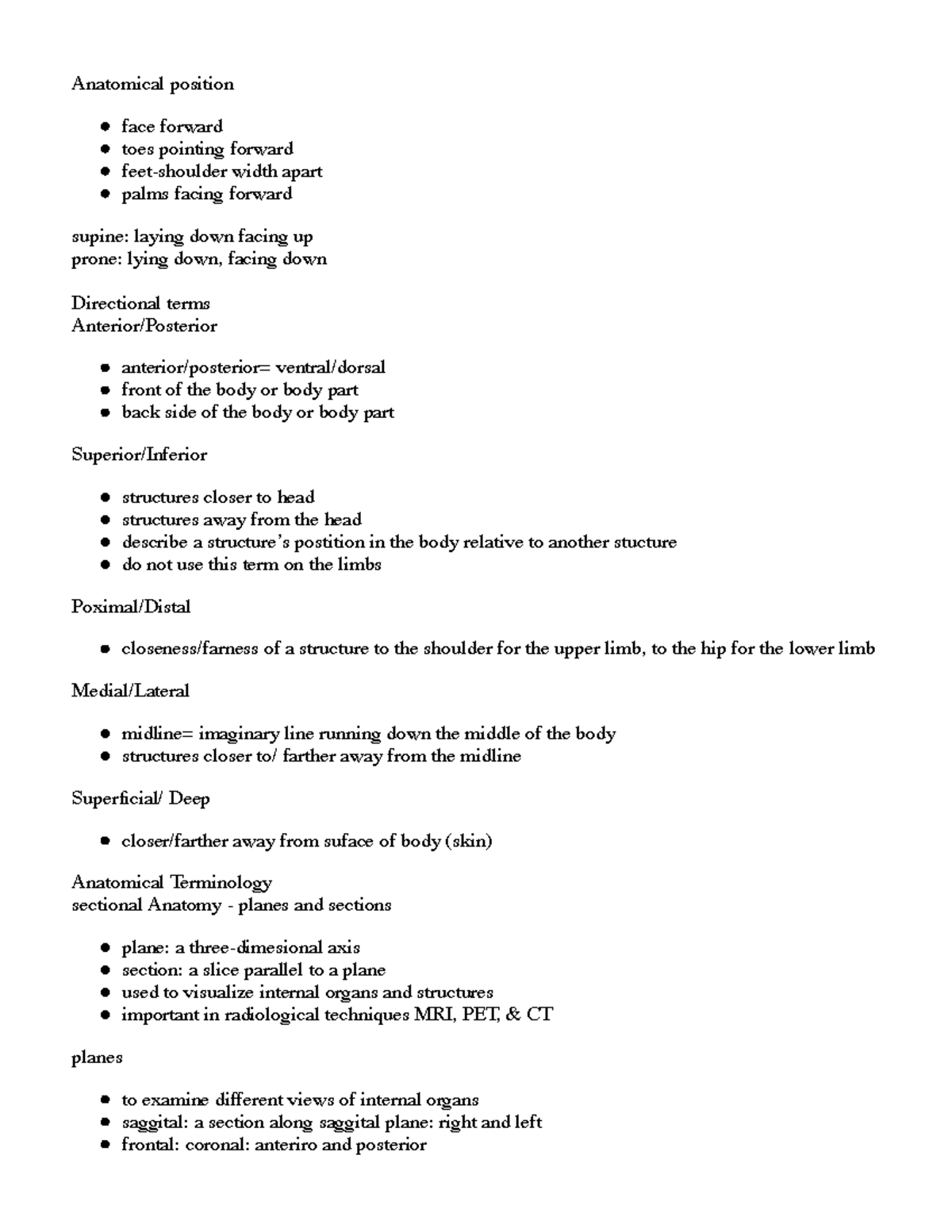 Lab 1 - lab notes for lab one - Anatomical position face forward toes ...