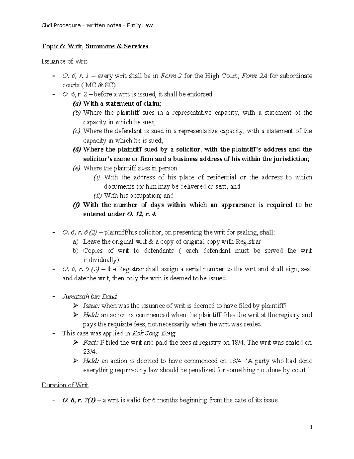 Written Notes Topic 6 - Helpful - Topic 6: Writ, Summons & Services ...