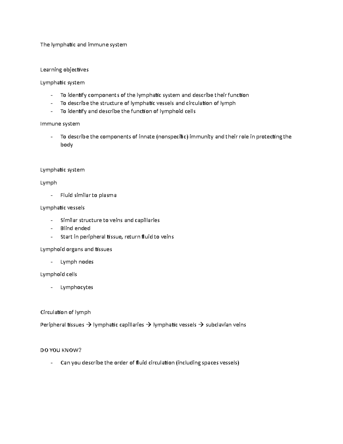 Lymphatic system notes - The lymphatic and immune system Learning ...