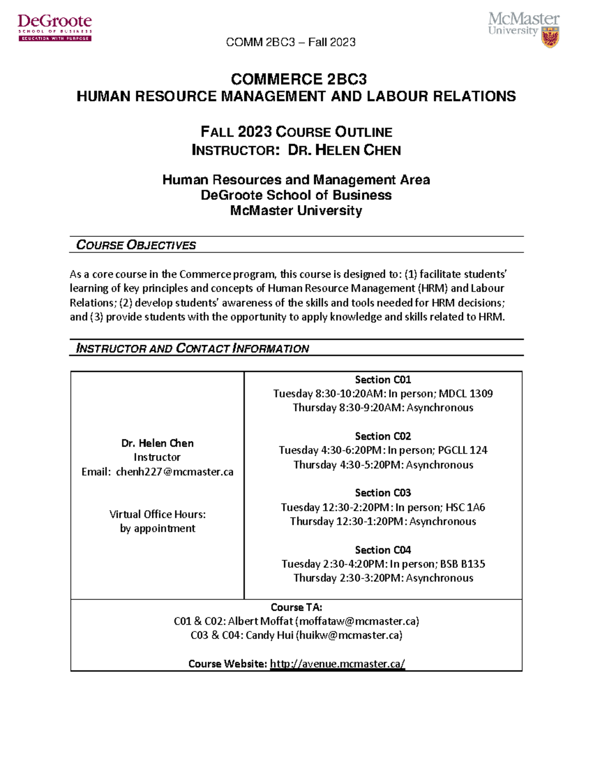Syllabus - Cours - COMM 2BC3 – Fall 2023 COMMERCE 2BC HUMAN RESOURCE MANAGEMENT AND LABOUR ...