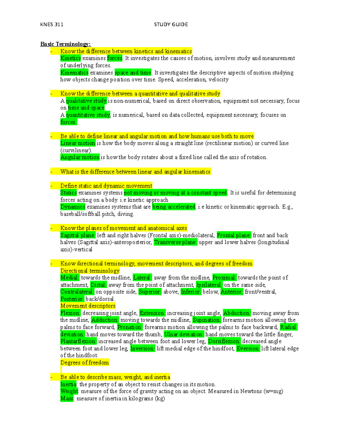 Basic Terminology Study Guide - KNES 311 STUDY GUIDE Basic Terminology ...