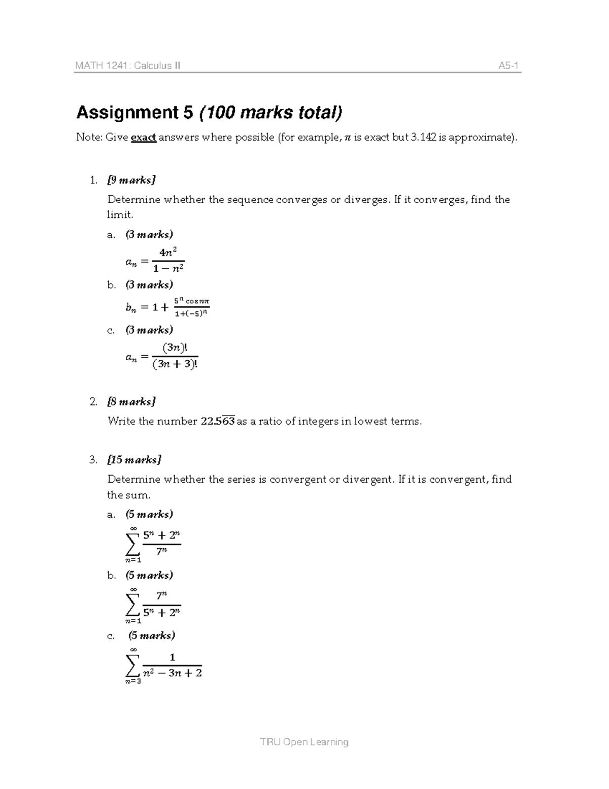 MATH1241Assignment 5 - MATH 1241: Calculus II A5- TRU Open Learning ...