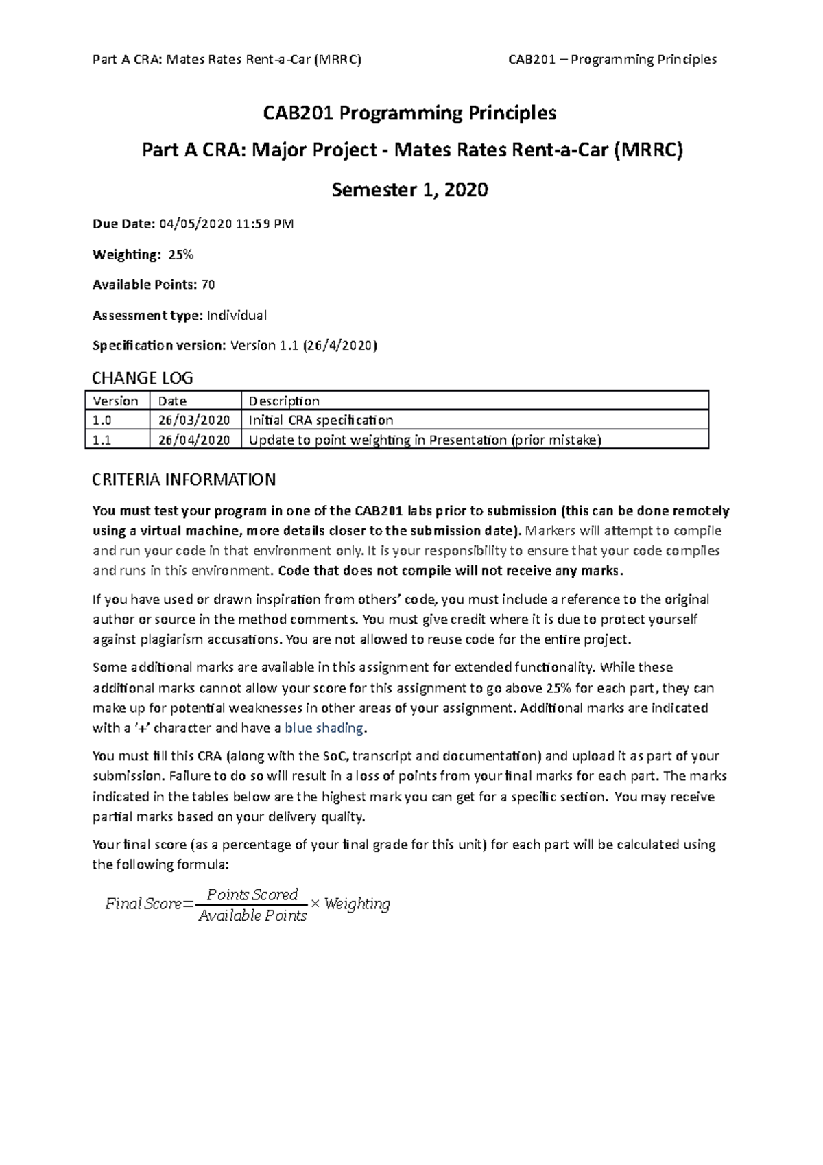 Cab201 Assignment 2020 S1 Cra Part A Cab201 Programming Principles