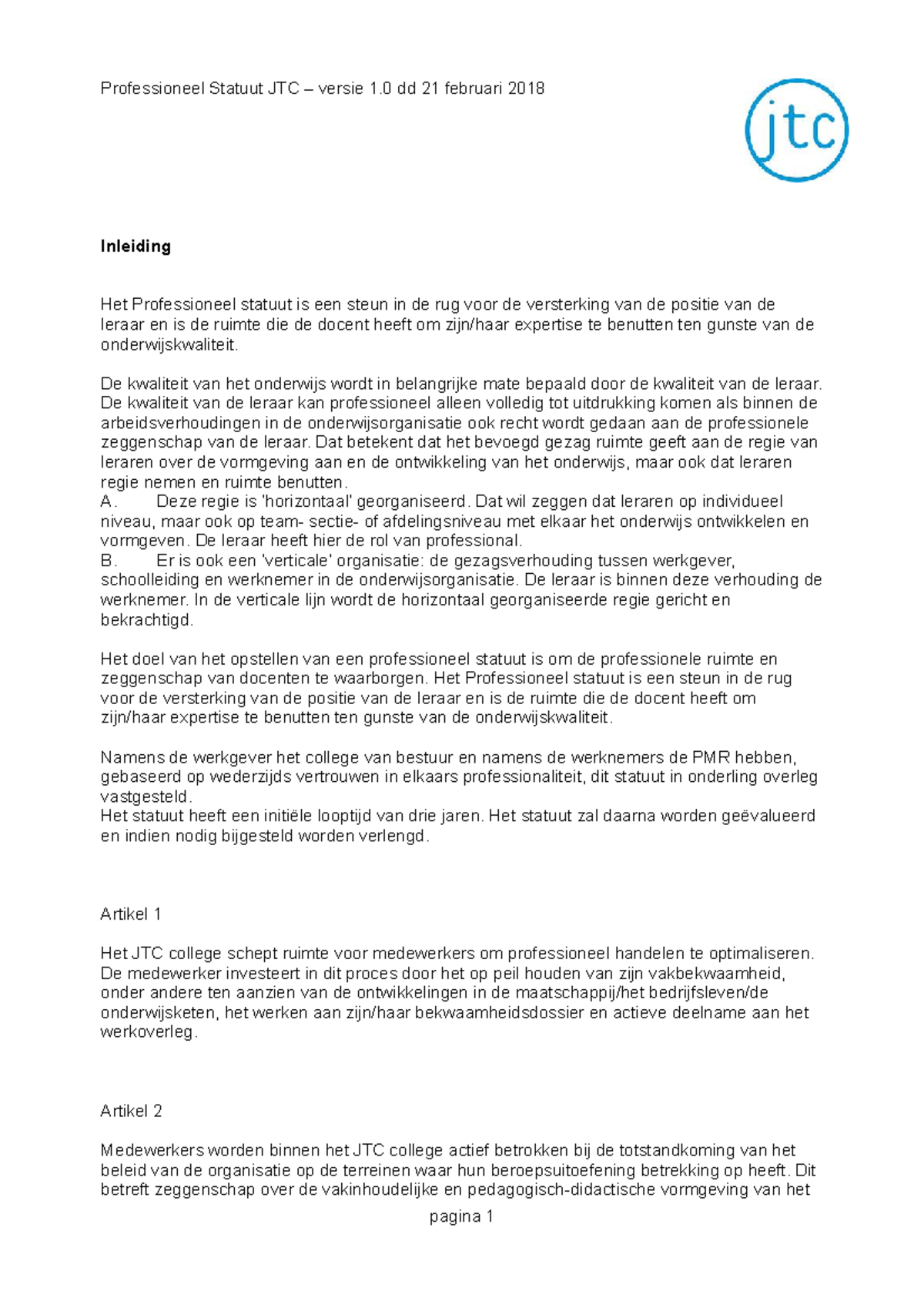 2018 Professioneel Statuut - Professioneel Statuut JTC – versie 1 dd 21 ...