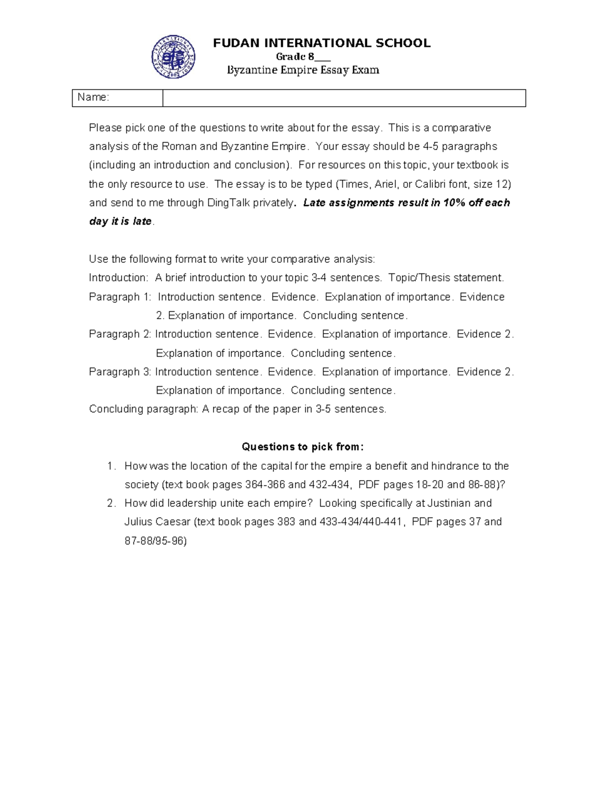 Byzantine Empire Essay Exam - FUDAN INTERNATIONAL SCHOOL Grade 8 ...