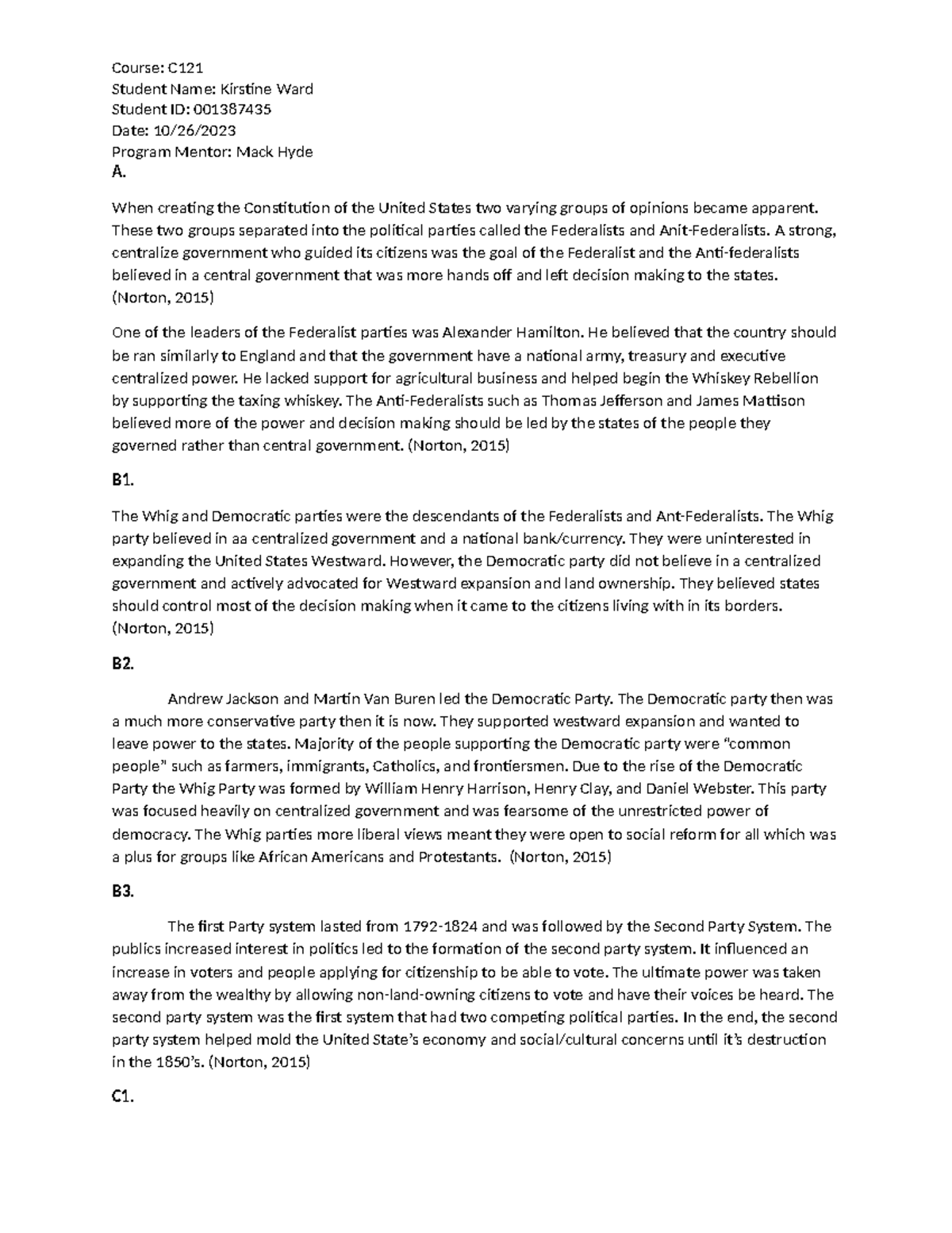 Task 2 - Summary Survey of United States History - Course: C Student ...