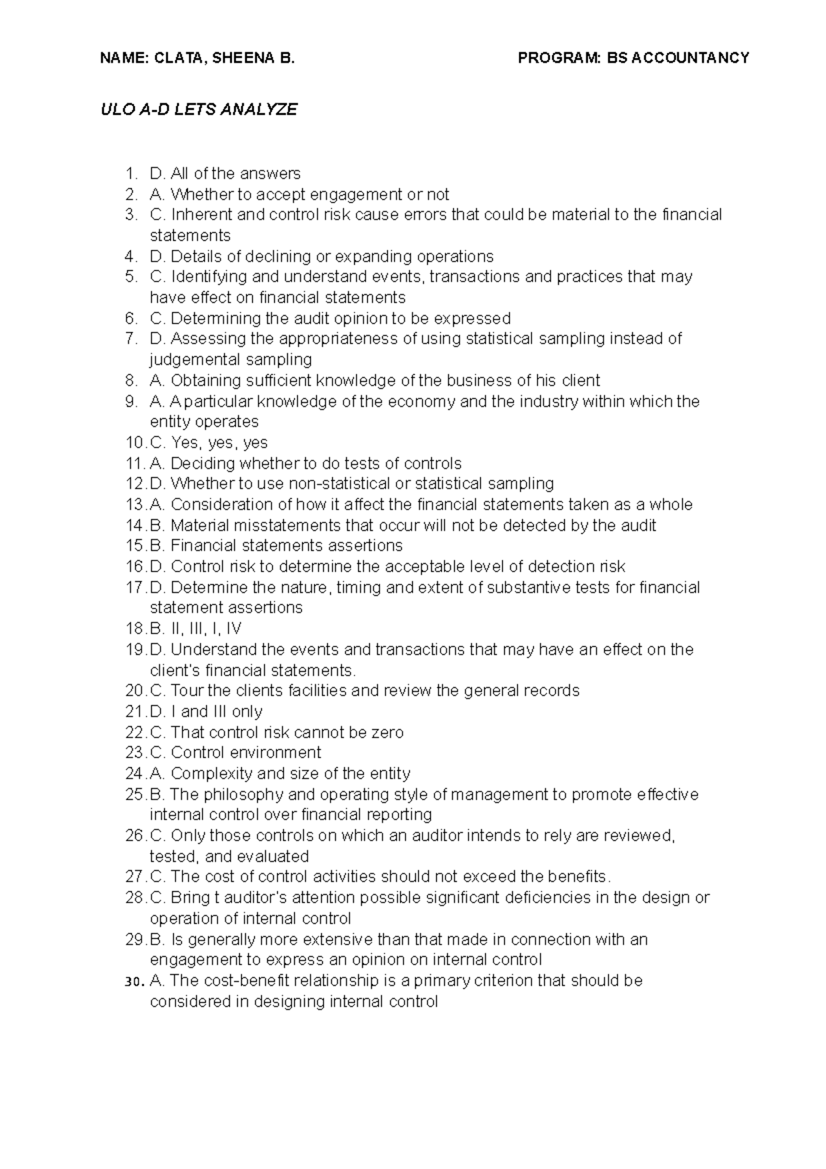 ULO A TO D LETS Analyze Clata - NAME: CLATA, SHEENA B. PROGRAM: BS ...