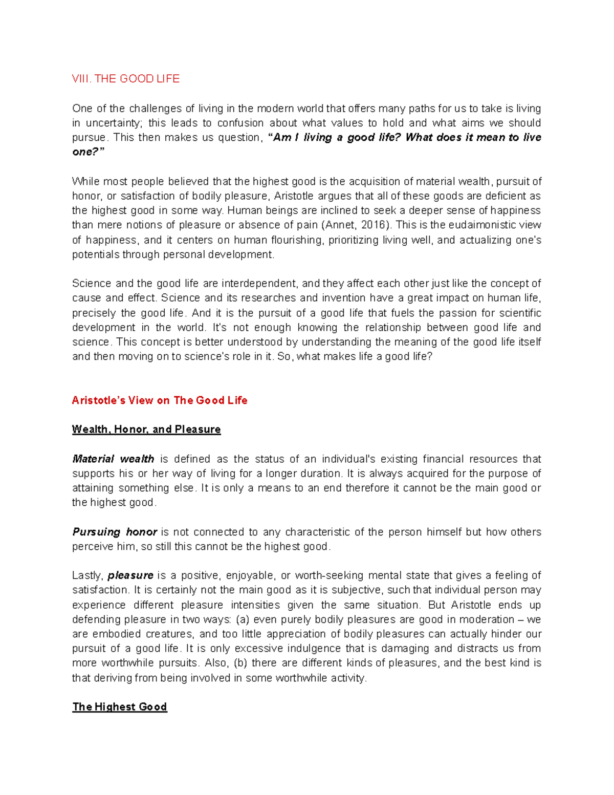 STS—VIII. The Good Life - VIII. THE GOOD LIFE One of the challenges of ...